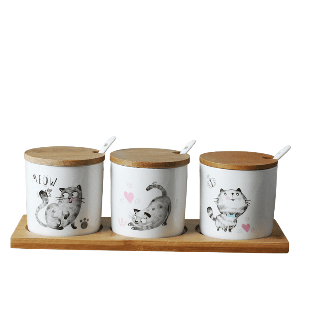 3 Pots Céramique avec Support Bois 28cm Vert - Rangements à Épices